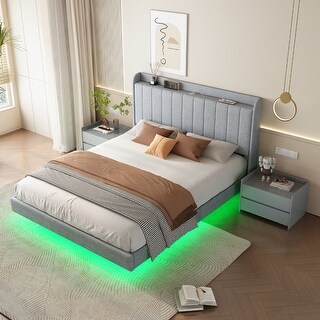 Queen Size Modern Floating Platform Bed with Remote Control LED Lights ...