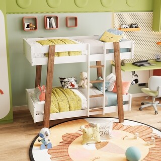 Wood Twin Size Bunk Bed with Built-in Ladder and 4 Wood Color Columns ...