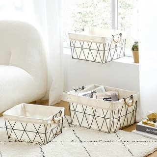 Set of Three Lined Tapered Rect Bins with Fold Down Binded Jute Handles ...