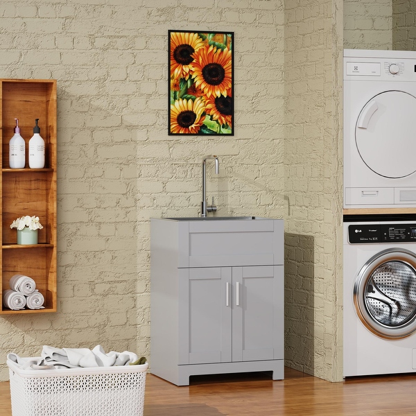 Kodotan Sofa 24 Bathroom Sink Vanity Laundry Utility Cabinet w Stainless Steel Sink Combo Gray