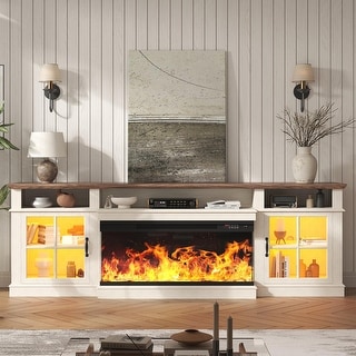 80" Farmhouse Fireplace TV Stand with 3-Sided Electric Fireplace, Glass ...