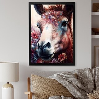 Designart "Brown Portrait Donkey With Flowers Iii" Animal Donkey Framed ...