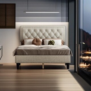 Queen size Panel Bed Frame with Adjustable Button-Tufted Headboard ...