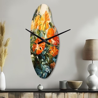Orange Green Tropical Foliage IV - Abstract Botanicals Large Wall Clock ...