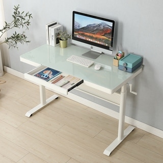 Tempered Glass Standing Desk with Drawer, Adjustable Height Stand up ...