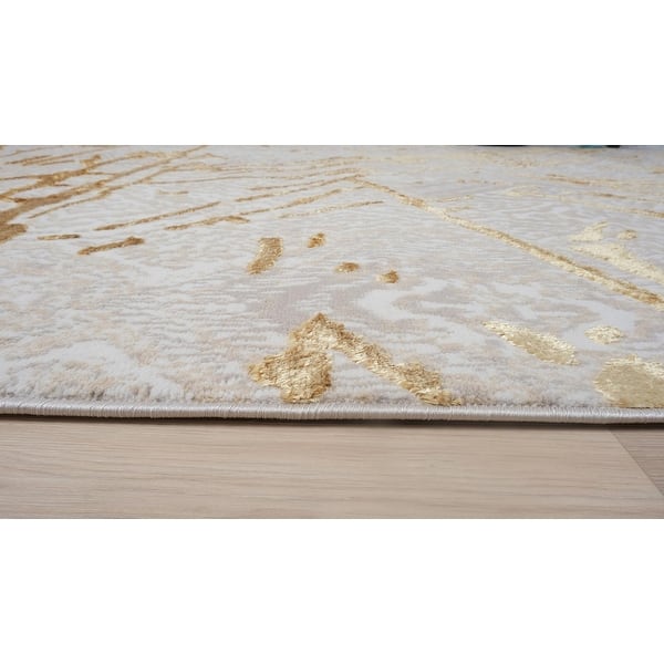 Luxury Area Rug in Beige and Gray with Gold Abstract Design - 47.5 ...