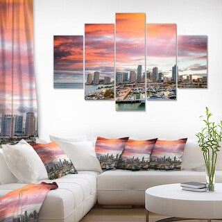 Designart "Miami Sunset Downtown Panoramic View" Sea & Shore Cityscapes ...