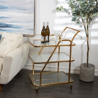 Gold Metal Glass Shelf 3 Tier Bar Cart with Side Guards and Handle ...