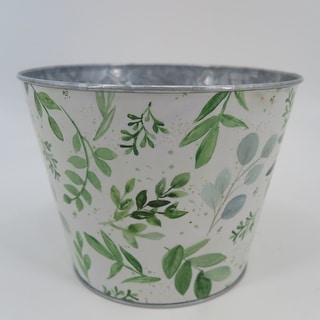 White With Green Leaves Metal Bucket Planter - Bed Bath & Beyond - 40390190