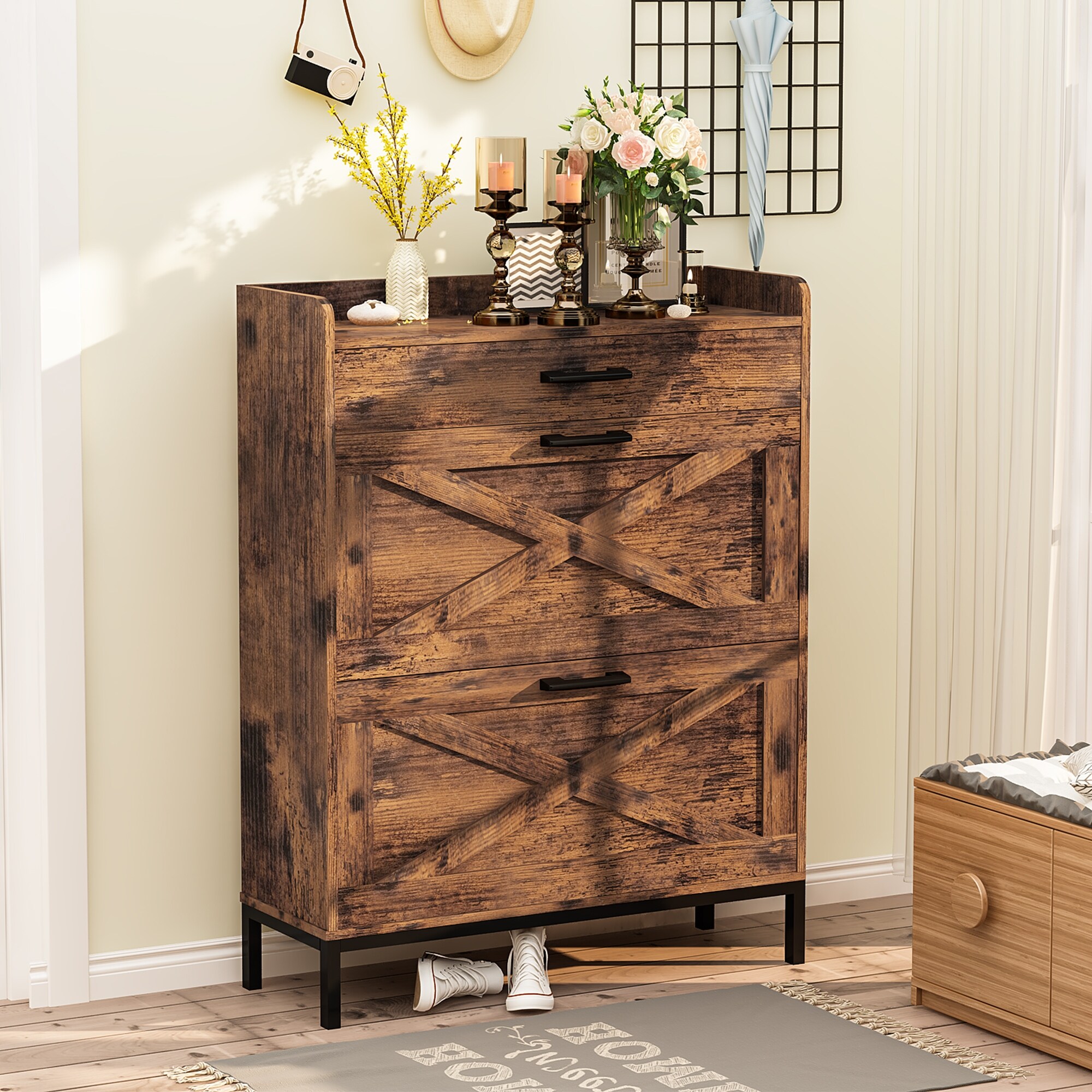 Mieres Rustic Brown Wooden 12 Pair Shoe Storage Cabinet with Flip Drawer Entryway Organizer 2 Tier