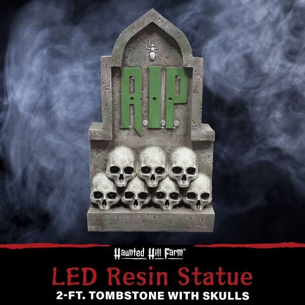 2-Ft. RIP Tombstone with Skulls Pre-Lit LED RIP and Skull Eyes Resin ...
