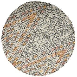 8' Gray Ivory And Orange Round Wool Geometric Tufted Handmade Area Rug ...