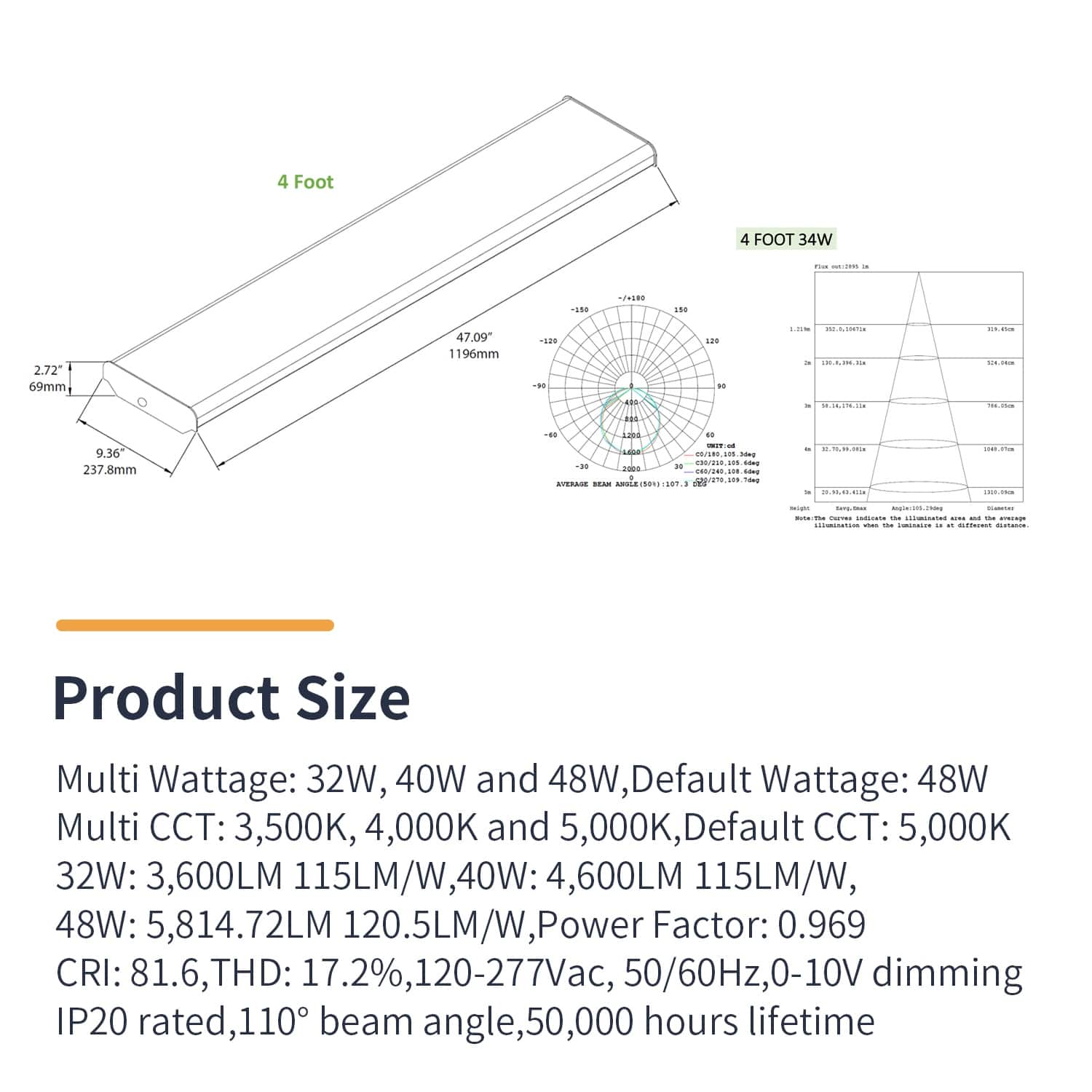4FT LED Wraparound Light, Dimmable, 32/40/48W, Wattage and 3CCT ...