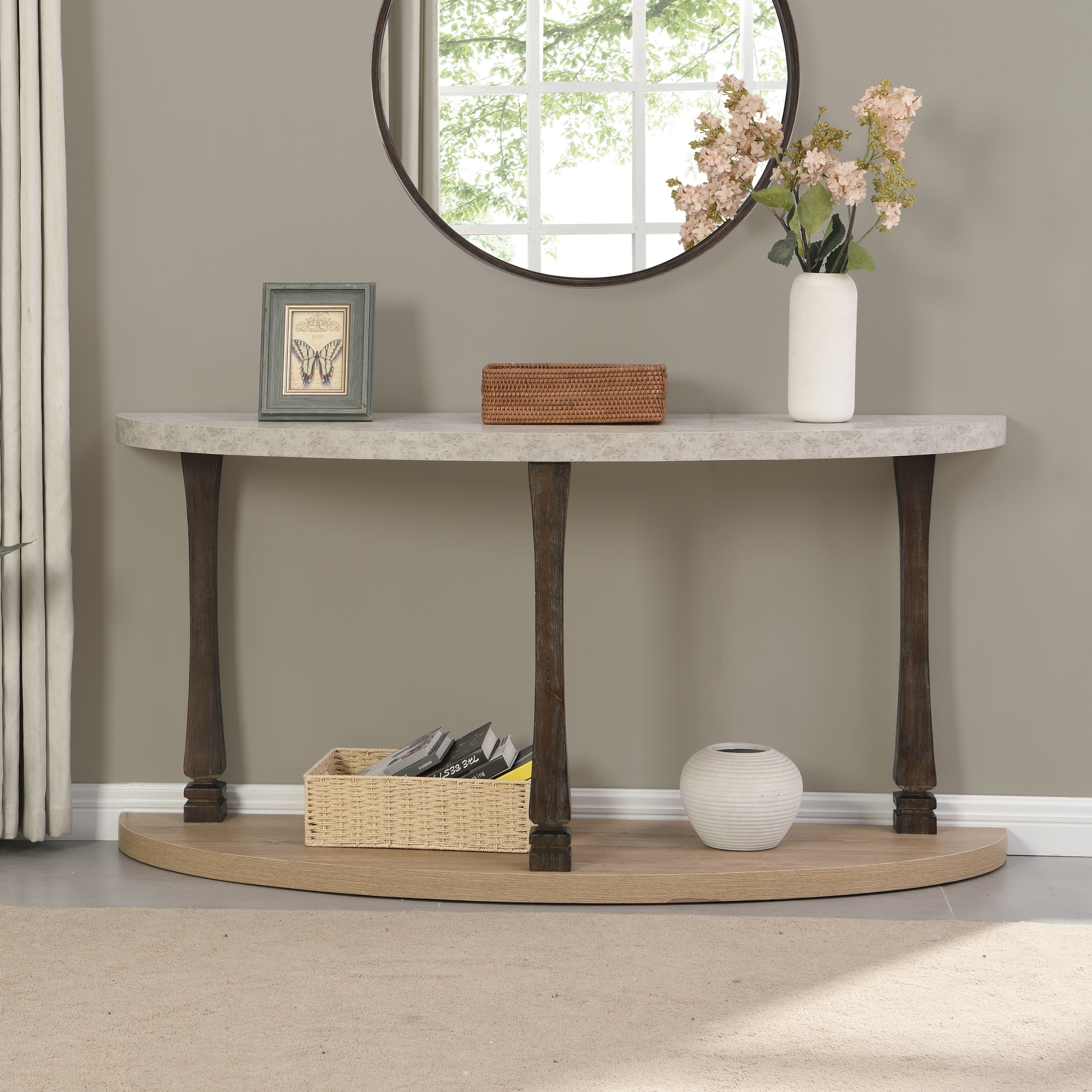 Wood Half Moon Console Table for Living Room Sofa Table 60 Semi Circle Side Table 2 Tier Entryway Table Light Grey Natural On Sale Bed Bath Beyond 40585865
