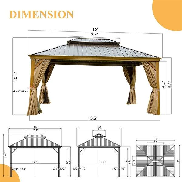 12x16 ft Aluminum Wood Grain Patio Hardtop Gazebo Curtains and Netting ...