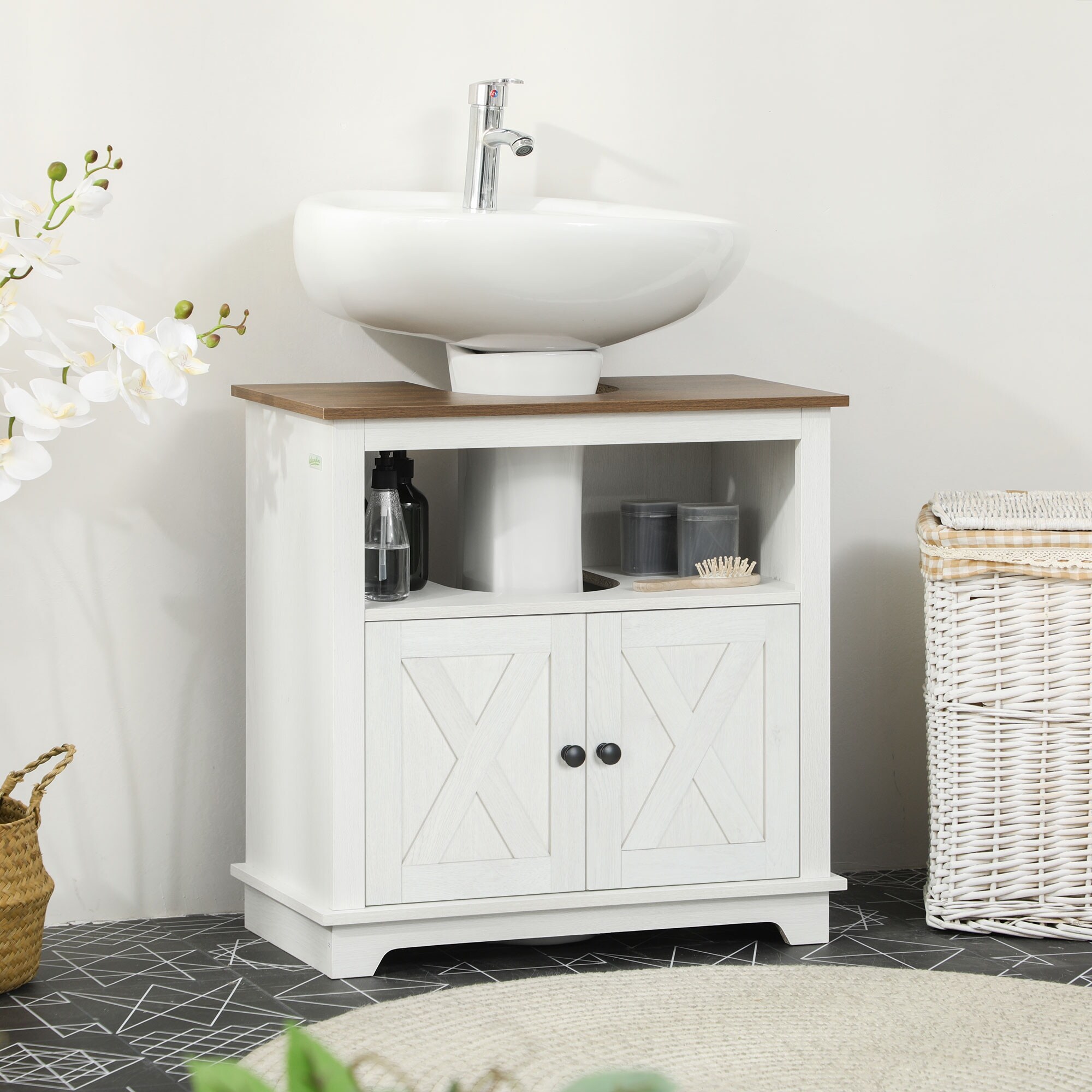 Farmhouse Pedestal Sink Cabinet Compact Bathroom Storage with Double Doors Open Shelf U Shaped Design Bed Bath Beyond 42501018