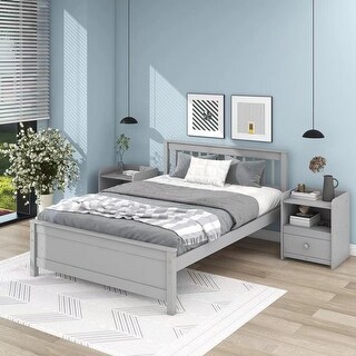 Grey Full Size Platform Bed with 2 Nightstands, Wood Bed Frame with ...