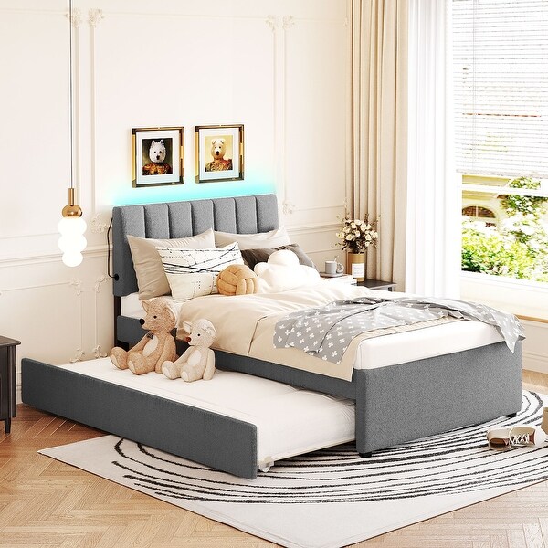 Twin Platform Bed with Trundle Low Profile Bed with Remote Control Led