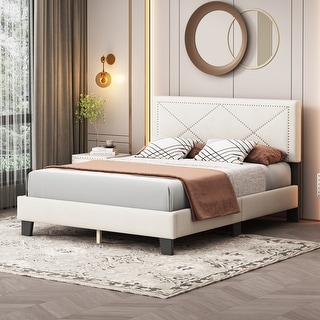 Simple Queen Size Upholstered Bed Frame with Rivet Design, Modern ...