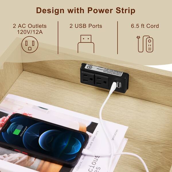 Wood Natural Handmade Rattan Bedside Tables with Socket and 2 USB Ports ...