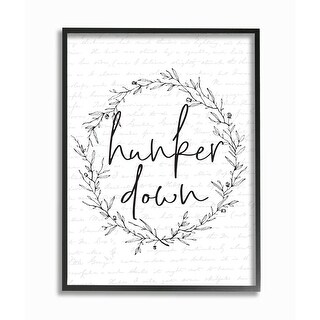 Stupell Hunker Down Phrase Spring Wreath Design Black White Framed Wall ...