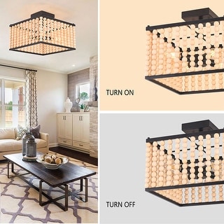 4 Lights Wood Beaded Ceiling Lamp Fixture Vintage Boho Chandelier - 7 ...