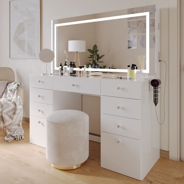 Extra-Large Makeup Vanity with Full-Width LED Mirror, Bluetooth ...