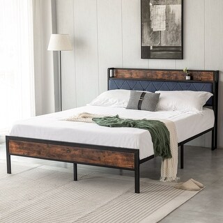 "Classic Vintage Queen Bed Frame with Upholstered Headboard and ...