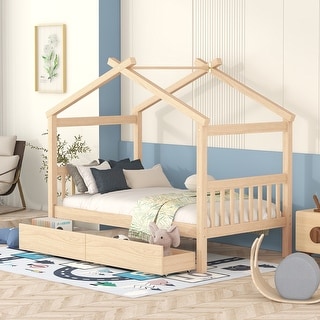 Creativity House Bed Twin Size with 2 Wood Drawers for Boys Girls, Wood ...