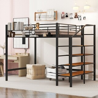 Full Size Metal Frame Loft Bed with Upper Grid Storage Shelf and ...