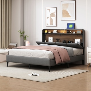 Bedroom Queen Platform Bed with Sockets & Storage Headboard - Bed Bath ...