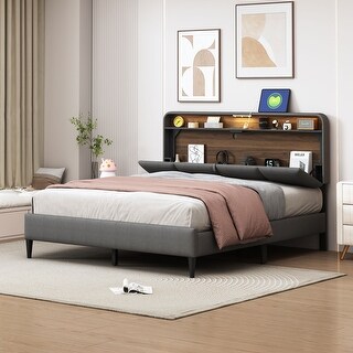 Queen Upholstered Bed w/Storage Back, Sensor Light, Sockets, Gray - Bed ...