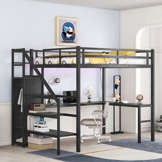 Metal Full Size Loft Bed with Desk,Wardrobe,USB & LED for Study & Work ...