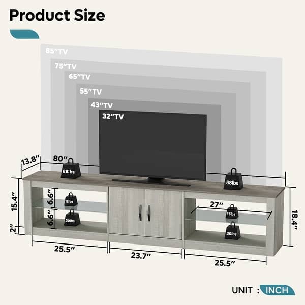 80" TV Stand LED Entertainment Center for TVs up to 85" with Two ...