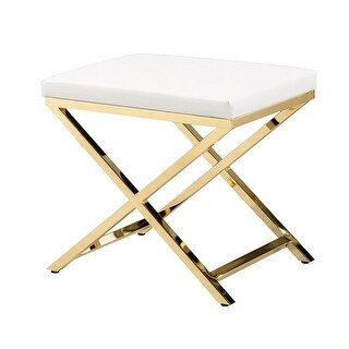 Sumi 18 Inch Stool, Padded Seat, White Faux Leather, Crossed Gold Legs ...