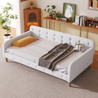Twin Size Upholstered Dayed with 4 Support Legs, Solid Wood Bed Frame W ...