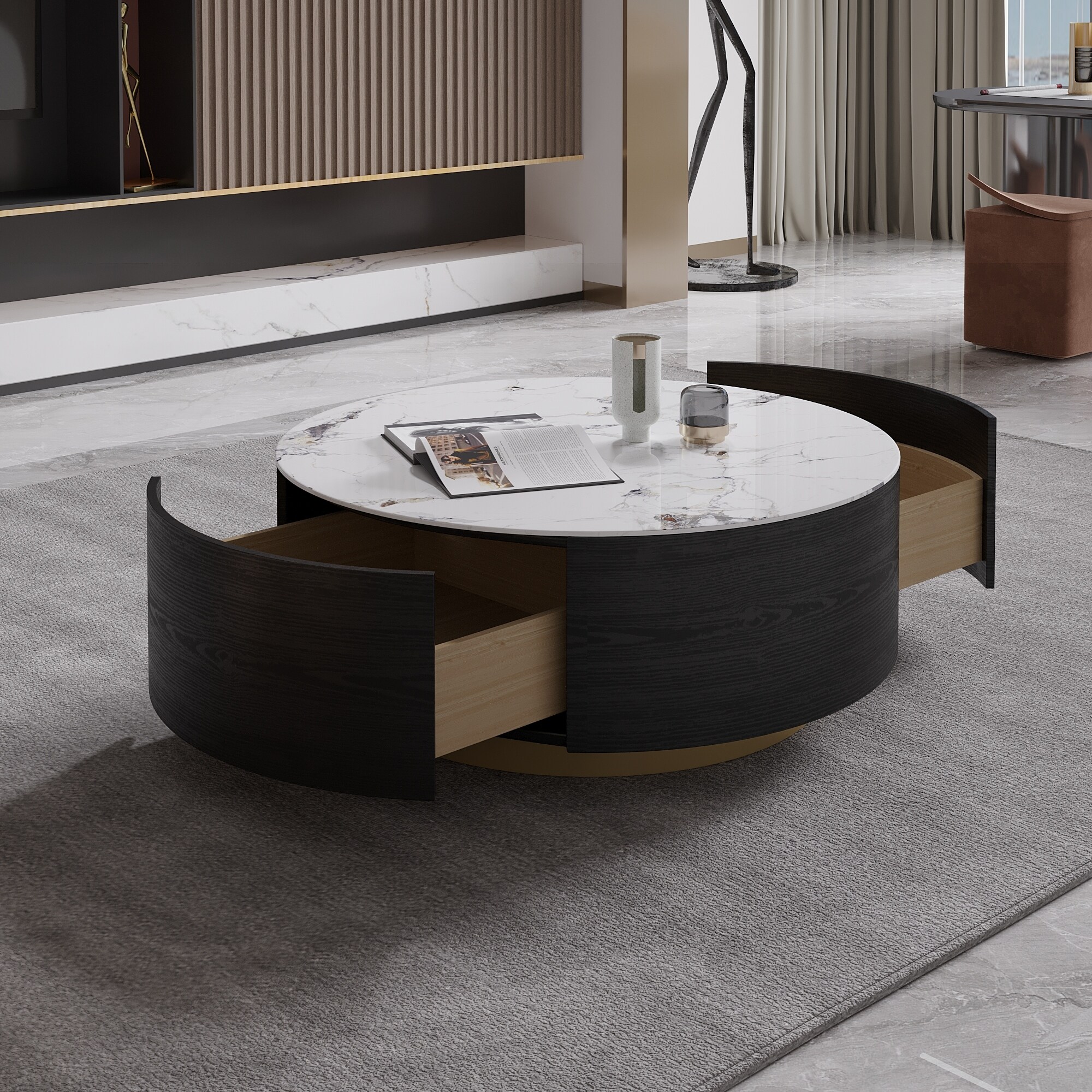 Modern Round Coffee Table with 2 Drawers Sintered Stone Tabletop and Golden Base