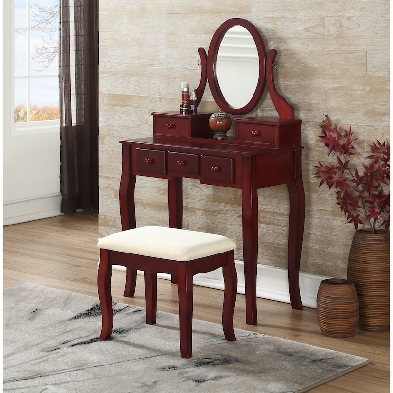 Roundhill Furniture Ashley Wood Cherry Makeup Vanity Table and Stool ...