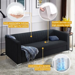 3 Seater Striped Back Couch Velvet Removable Sofa w/ Matal Legs, Black ...