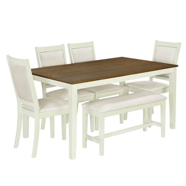 Rectangular 6-Piece Wood Fixed Dining Table Set with Bench Seating and ...