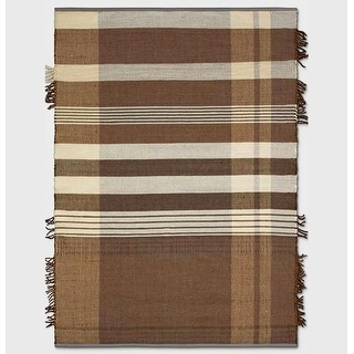 5x7 Feet Brown Plaid Geometric Striped Wool & Cotton Handmade Natural ...