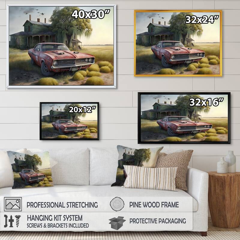 Designart Orange Muscle Car At The Barn Farmhouse Country Framed