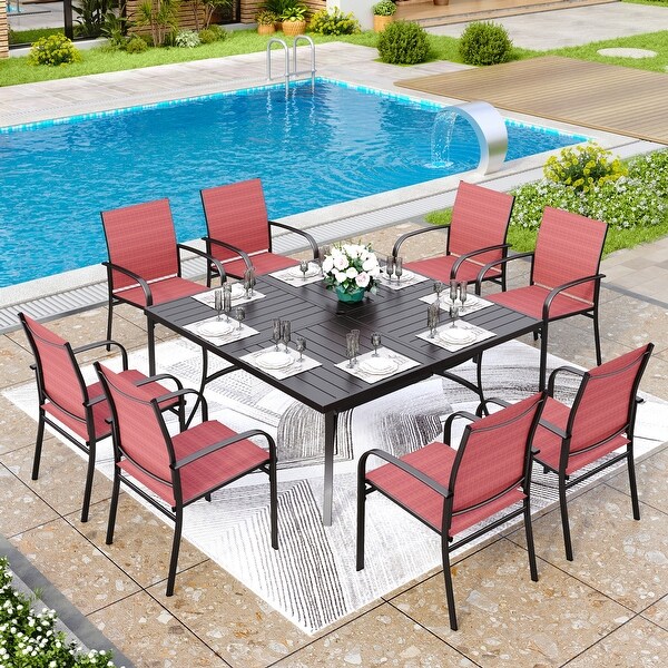 MAISON ARTS 9 Piece Patio Dining Set 60 Inch Square Metal Table and 8 Textilene Dining Chairs Bed Bath Beyond 37262215