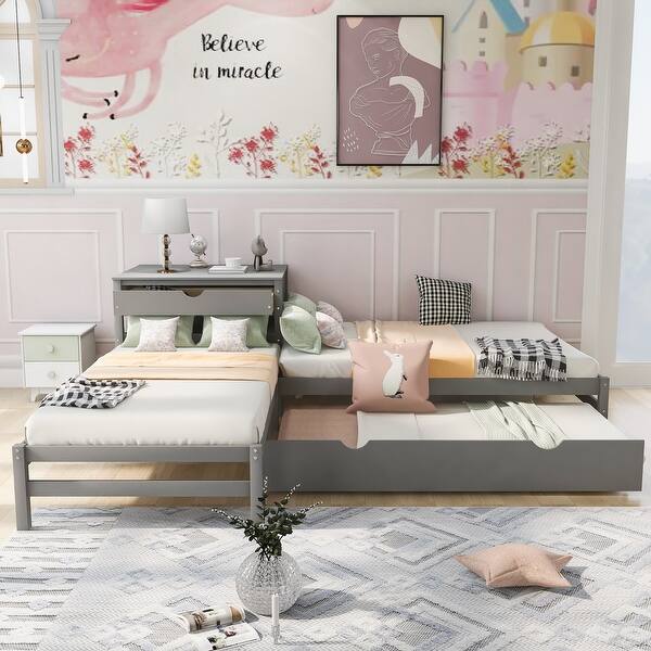 3 in 1 Design L-Shaped Corner Platform Beds with Desk&Trundle&Drawer ...