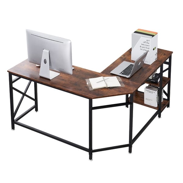 VECELO Home Office Computer Table L-Shaped Corner Table Wood and Metal ...
