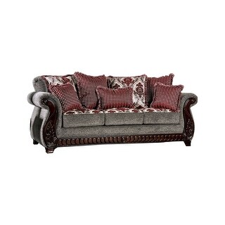 Traditional Engraved Wooden Sofa with Rolled Arms, Light Gray and Brown ...