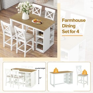 5-Pcs Rectangular Counter Height Kitchen Table Set w/ Storage Shelves ...