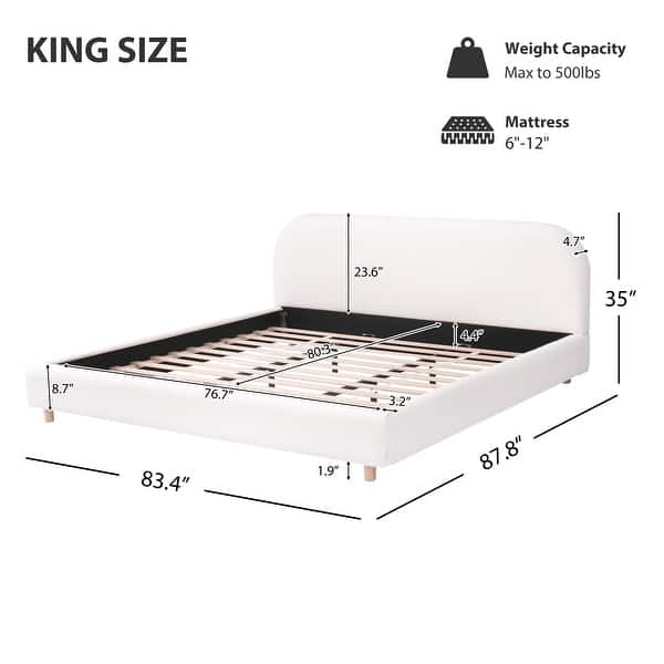 White Boucle Upholstered King Platform Bed with Curve-shape Headboard ...
