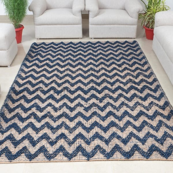 Hand Woven Tan & Blue Chevron Striped Jute Rug by Tufty Home - Bed Bath ...