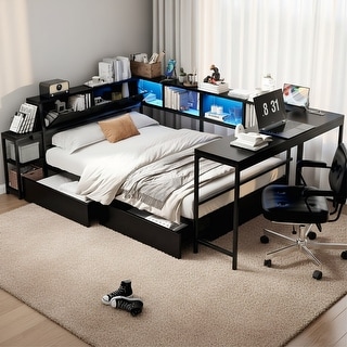 Full Size Corner Bed Frame with LED Lights, Bookcase, Charging Station ...